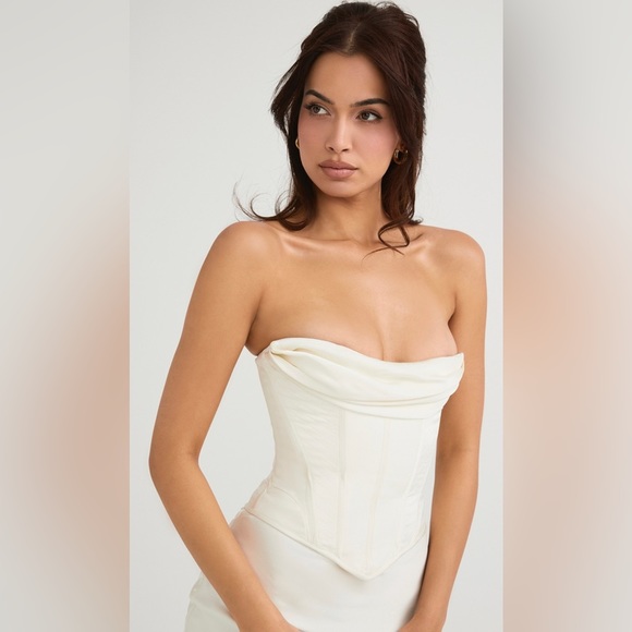 House of CB | Dresses | House Of Cb Siennaivory Satin Strapless Corset Midi Dress | Poshmark